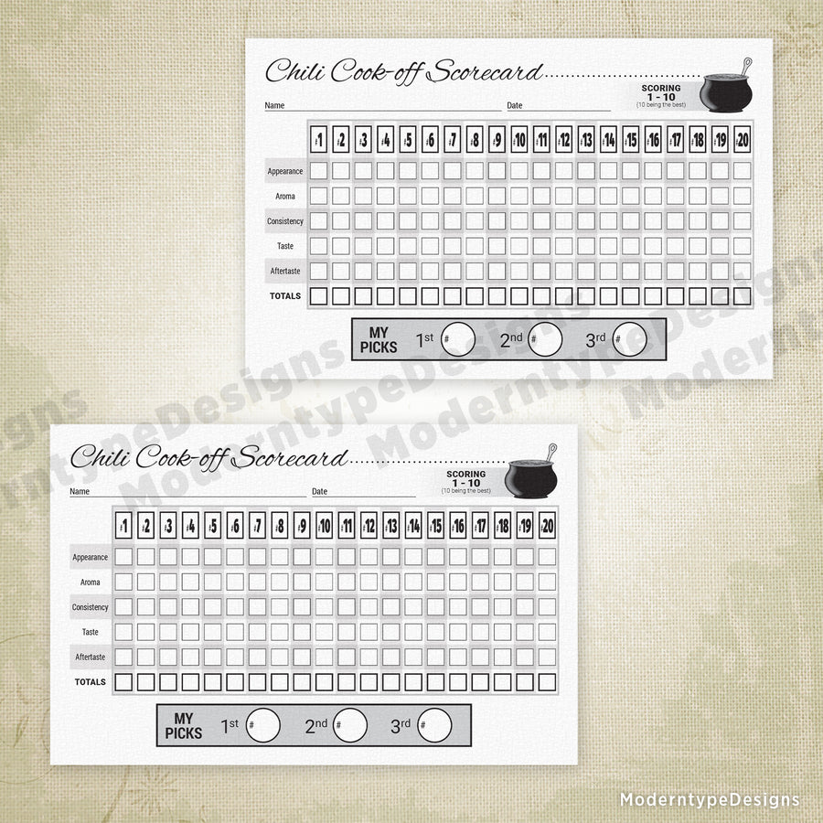Chili Cook-off Advanced Scorecard Printable, 20 Entries, 8.5 x 5.5"