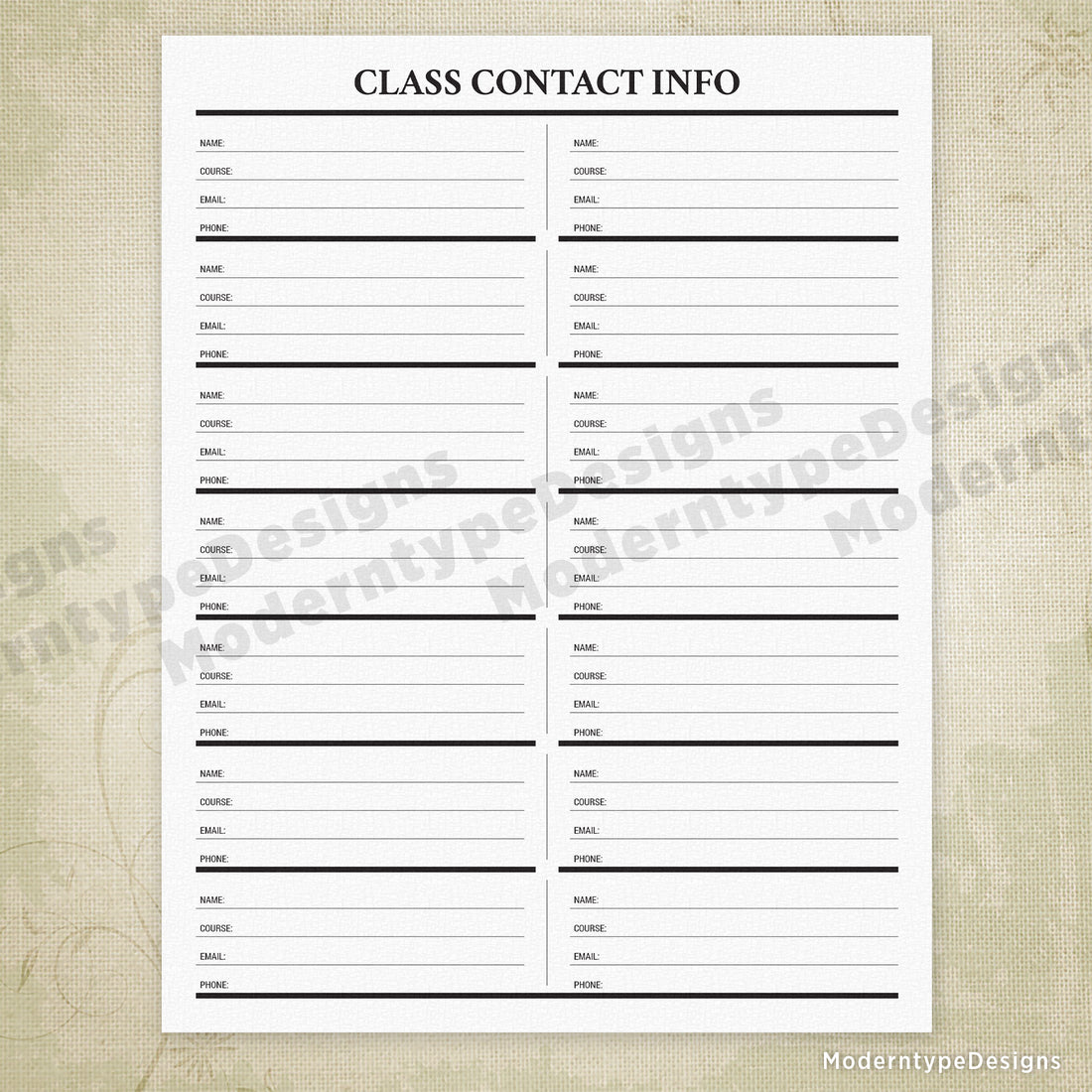 Class Contact Info Printable