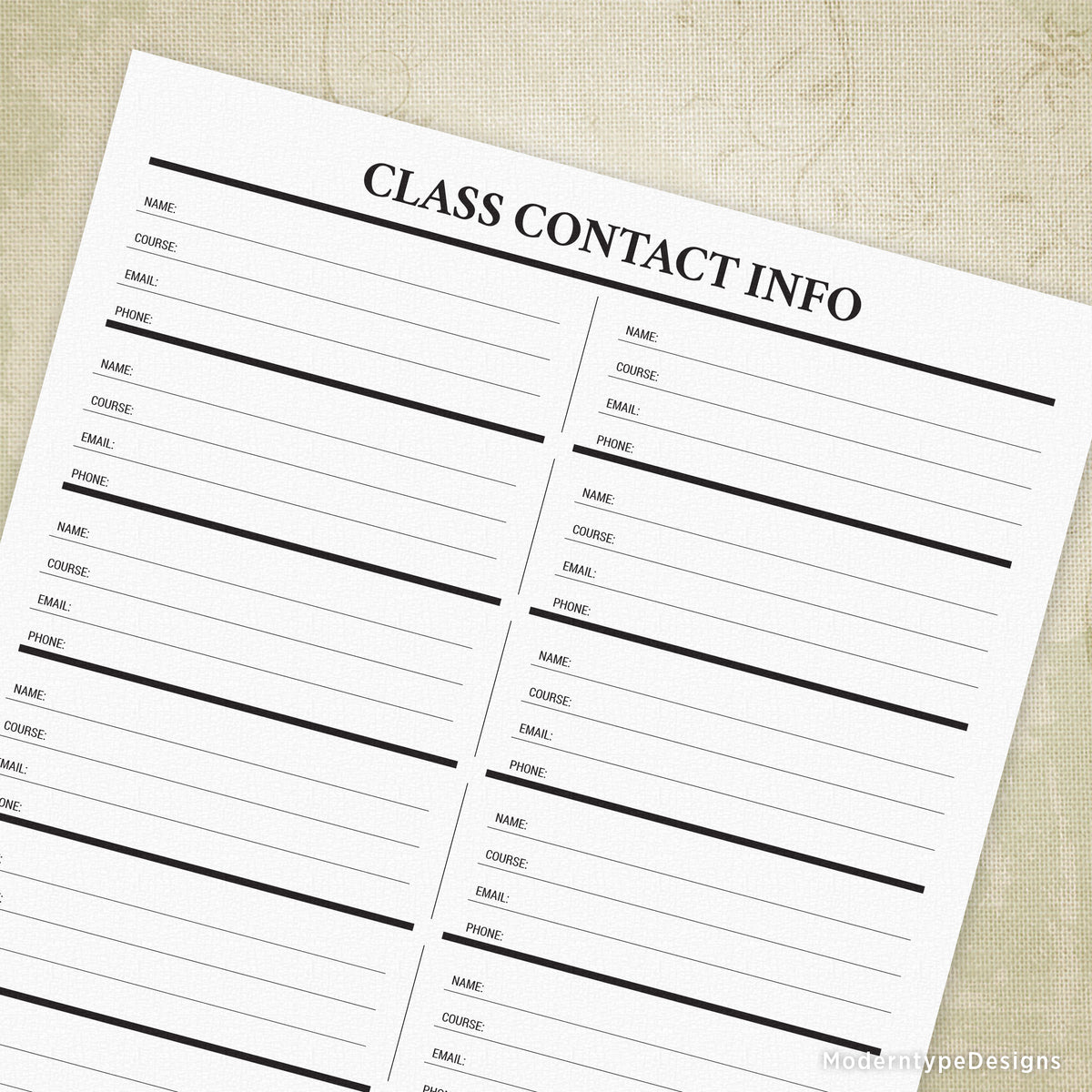 Class Contact Info Printable