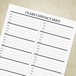 Class Contact Info Printable