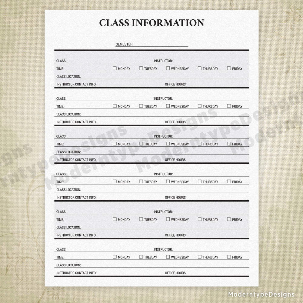 Class Scheduling Information Printable