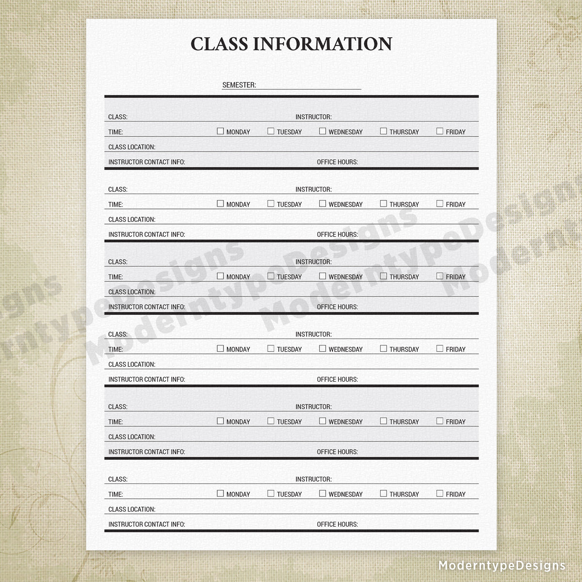 Class Scheduling Information Printable