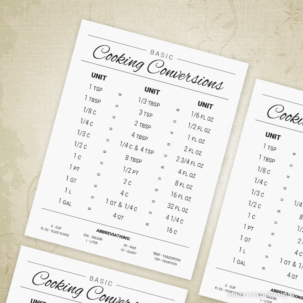 Basic Cooking Conversions Printable, 4.25 x 5.5"