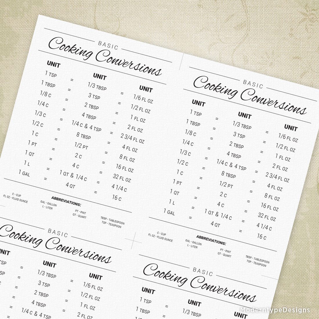 Basic Cooking Conversions Printable, 4.25 x 5.5"