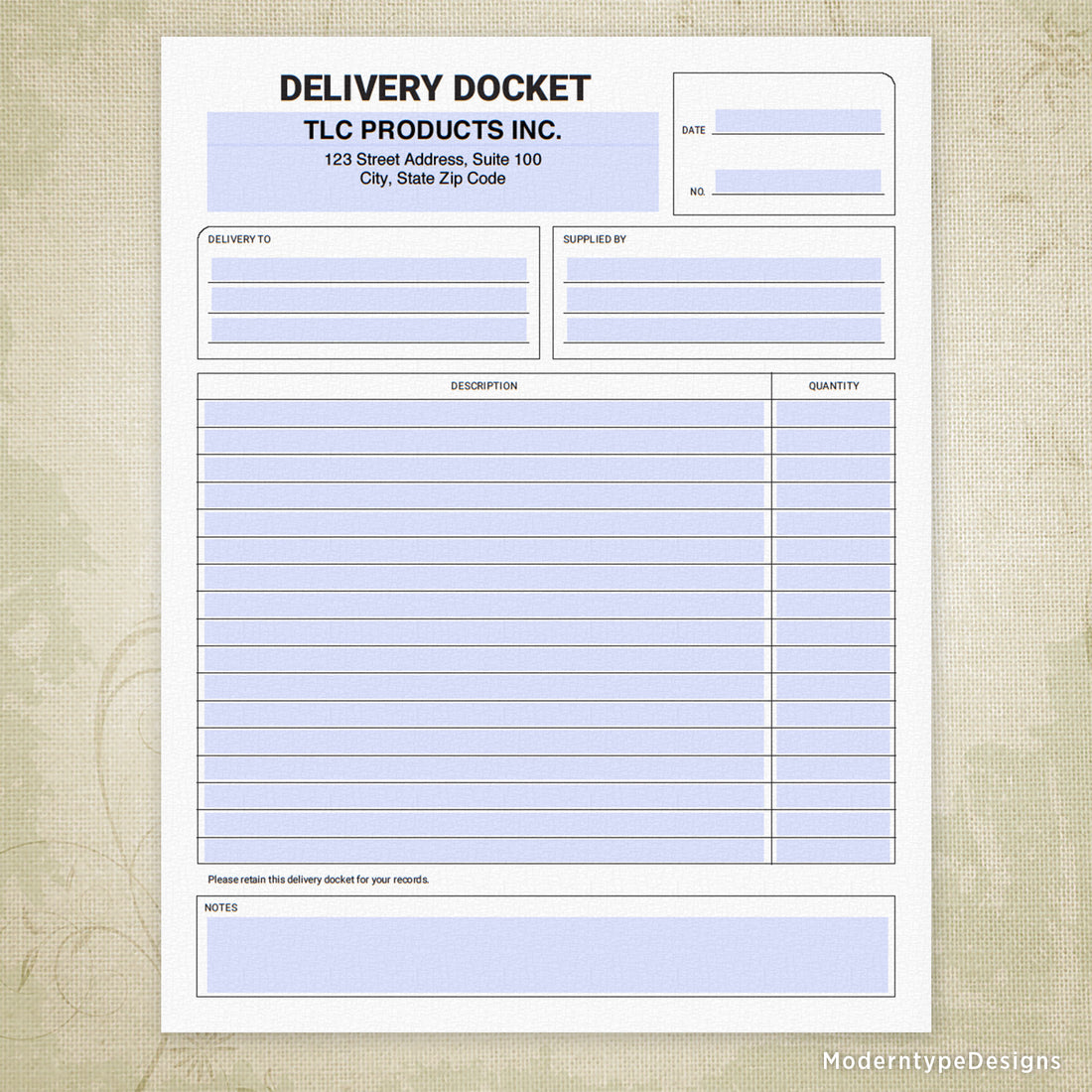 Delivery Docket Printable Form with Lines, Editable, #2