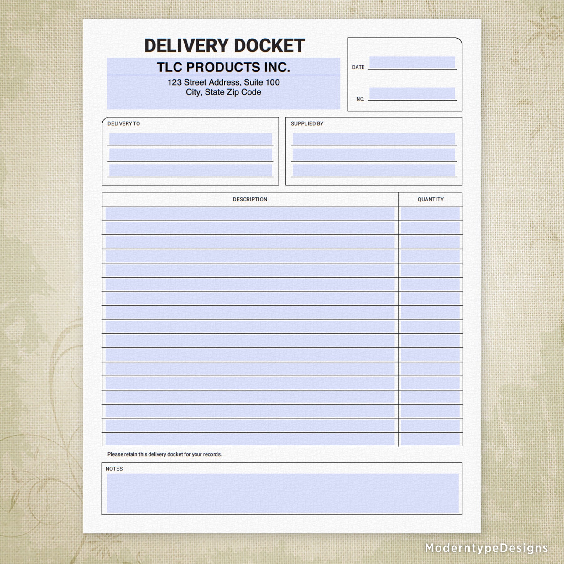 Delivery Docket Printable Form with Lines, Editable, #2