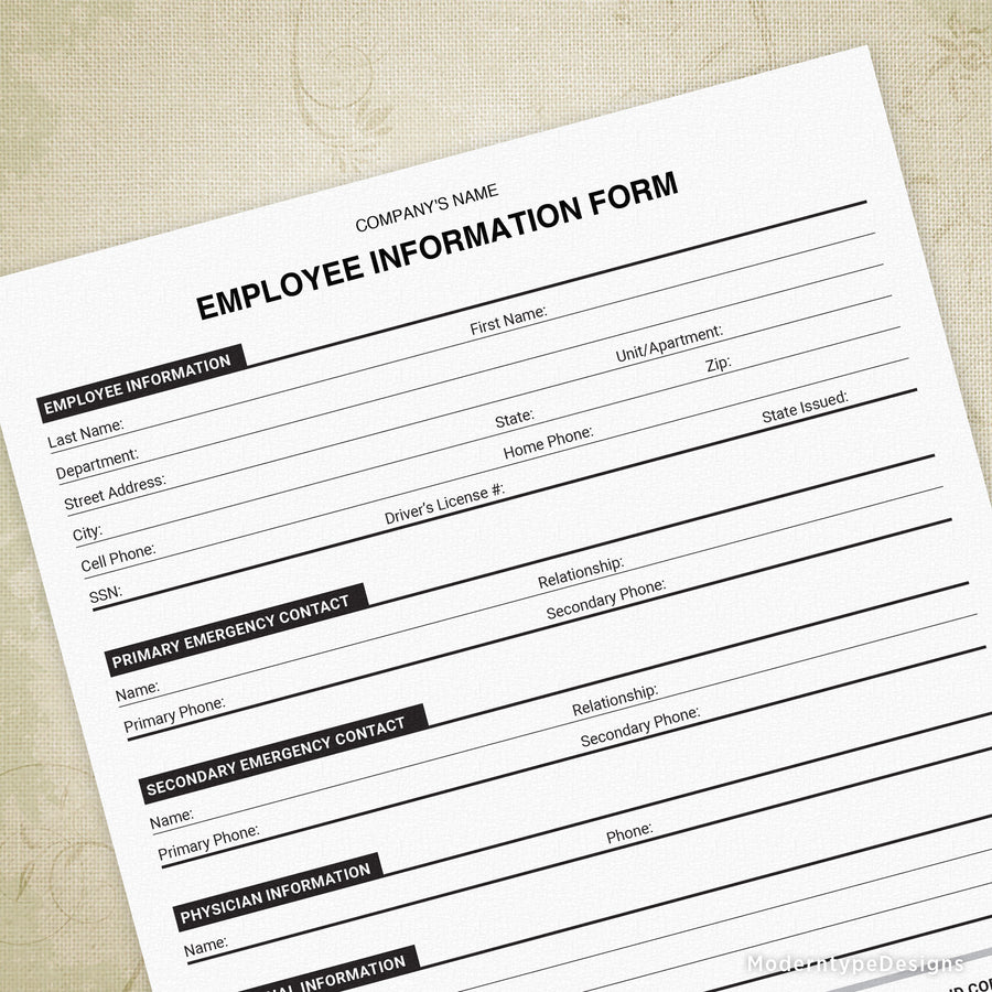 Employee Information Printable Form, Personalized