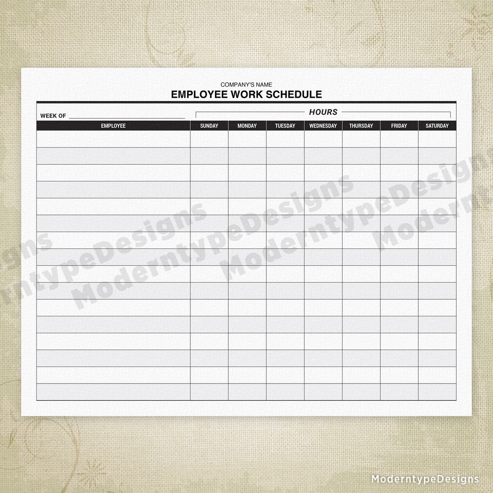 Employee Work Schedule Printable Form (Sunday - Saturday), Personalize