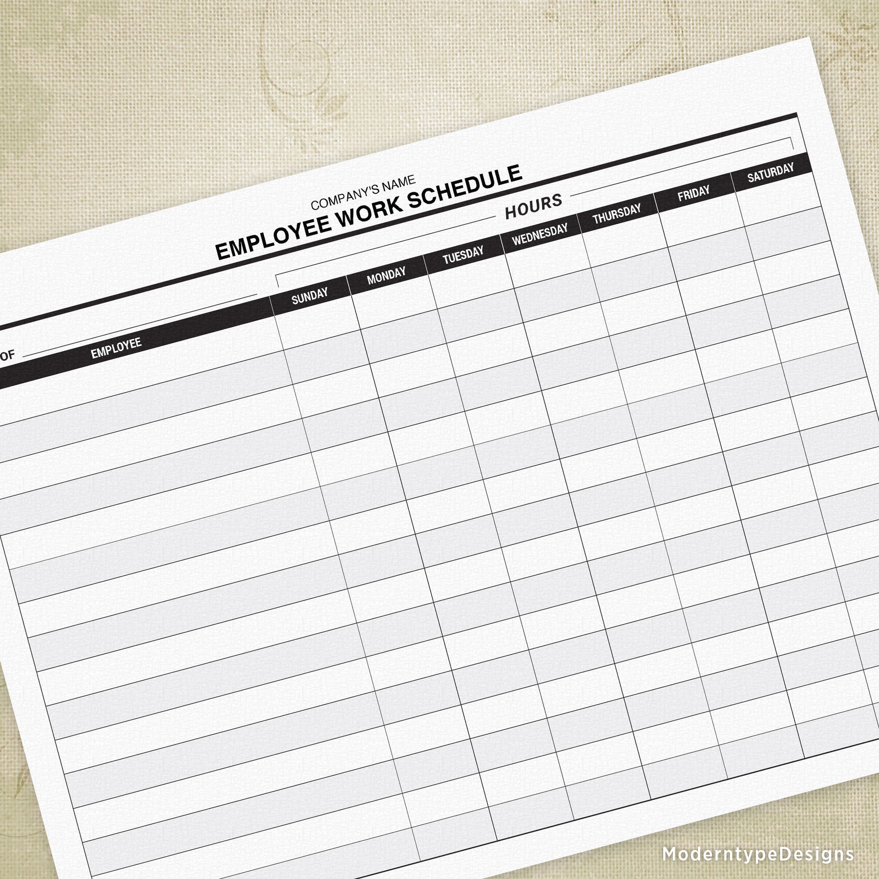 Employee Work Schedule Printable Form (Sunday - Saturday), Personalize