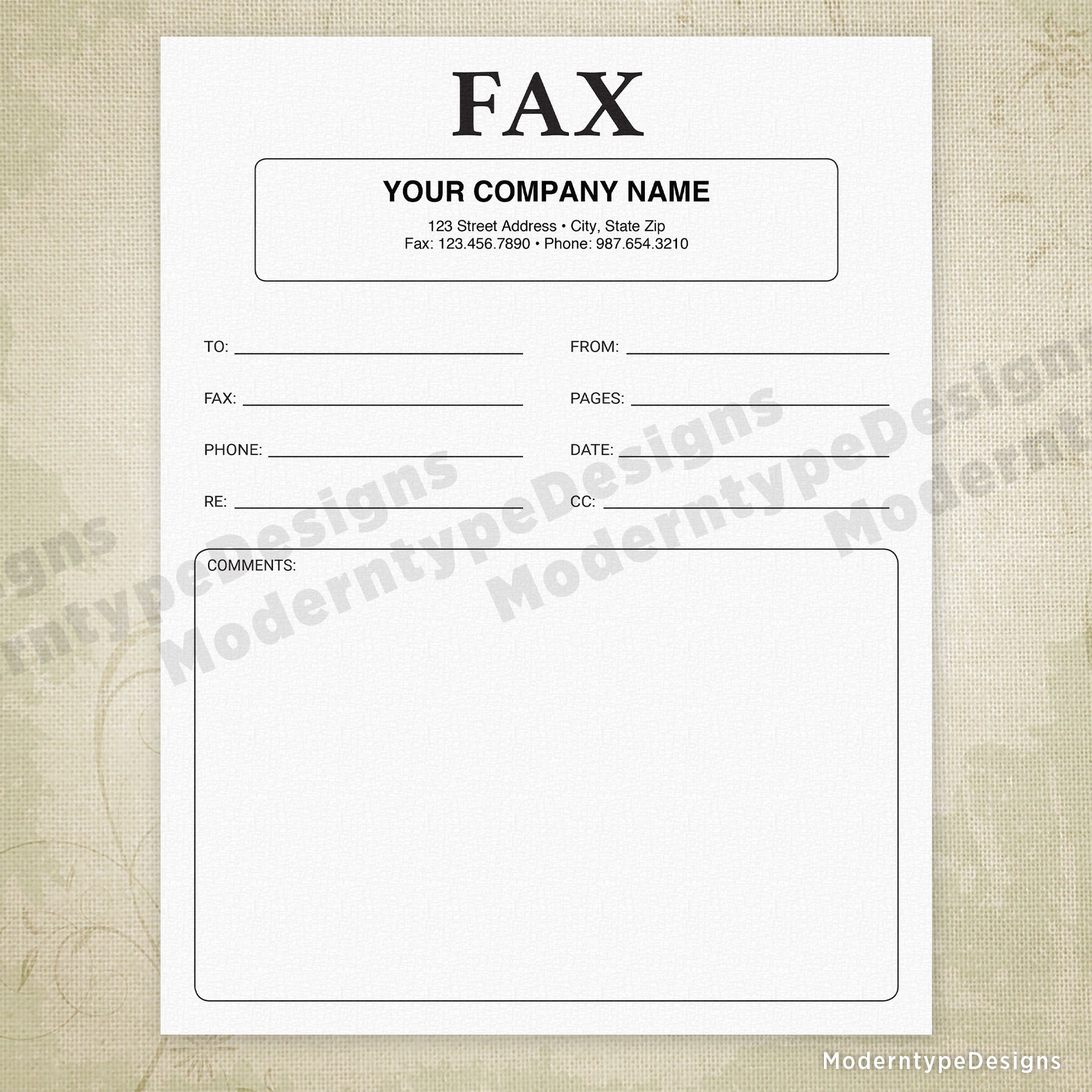 Fax Cover Sheet Printable Form, Personalized