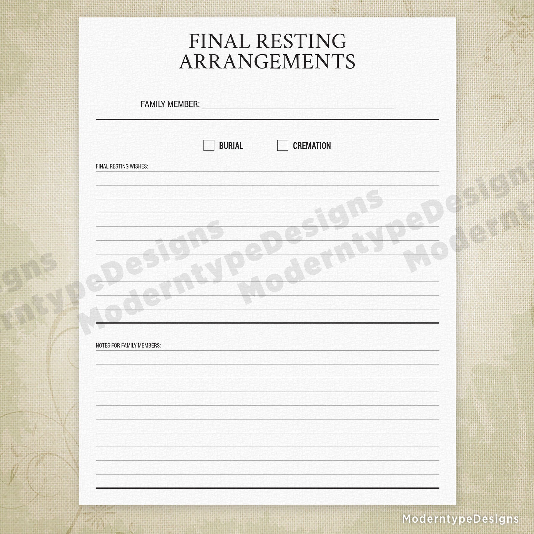 Final Resting Arrangements Printable - End of Life