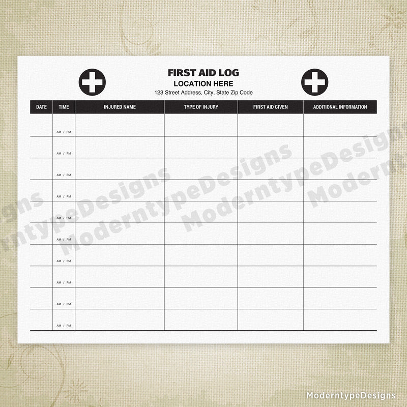 First Aid Log Printable, Personalized