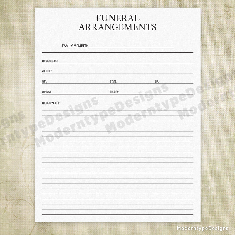 Funeral Arrangements Printable - End of Life