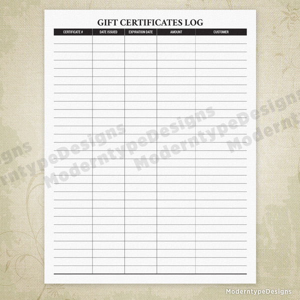 Gift Certificates Log Printable