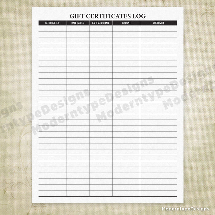 Gift Certificates Log Printable