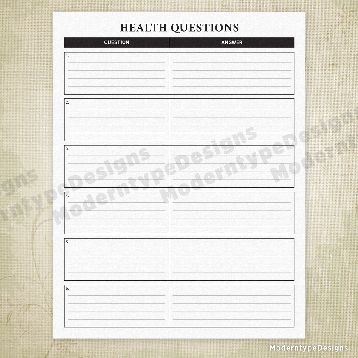 Health Questions Printable Form #1