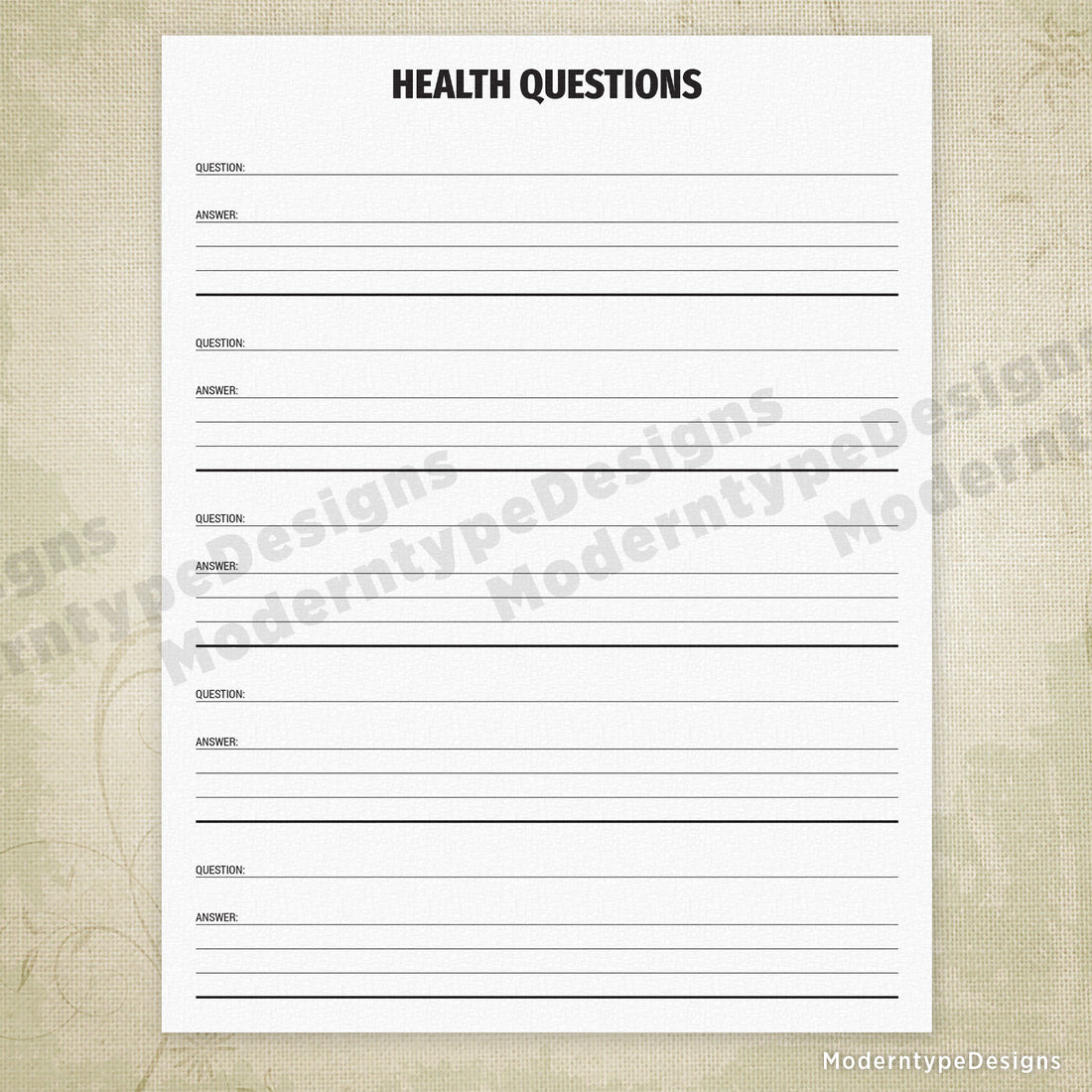 Health Questions Printable Form #2