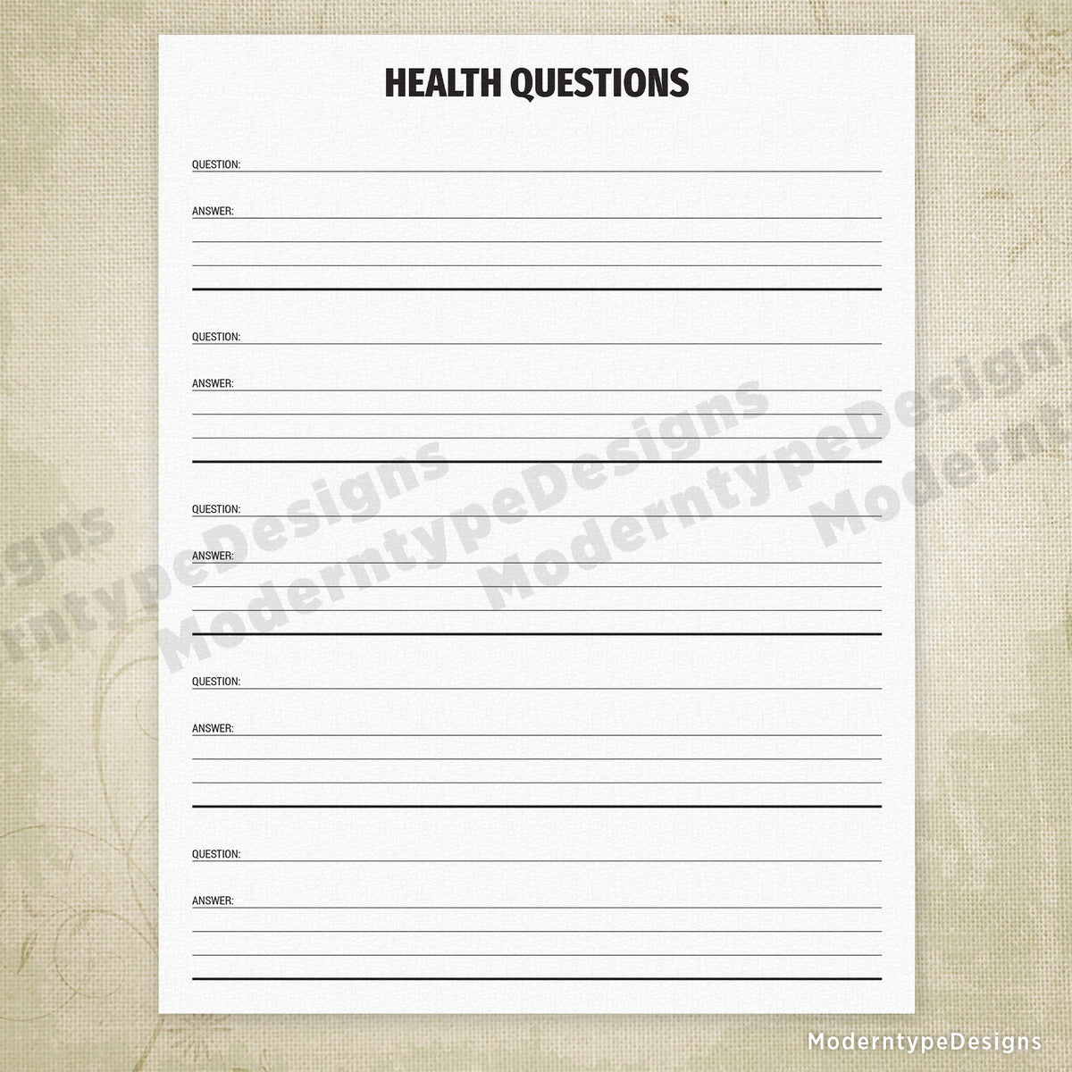 Health Questions Printable Form #2
