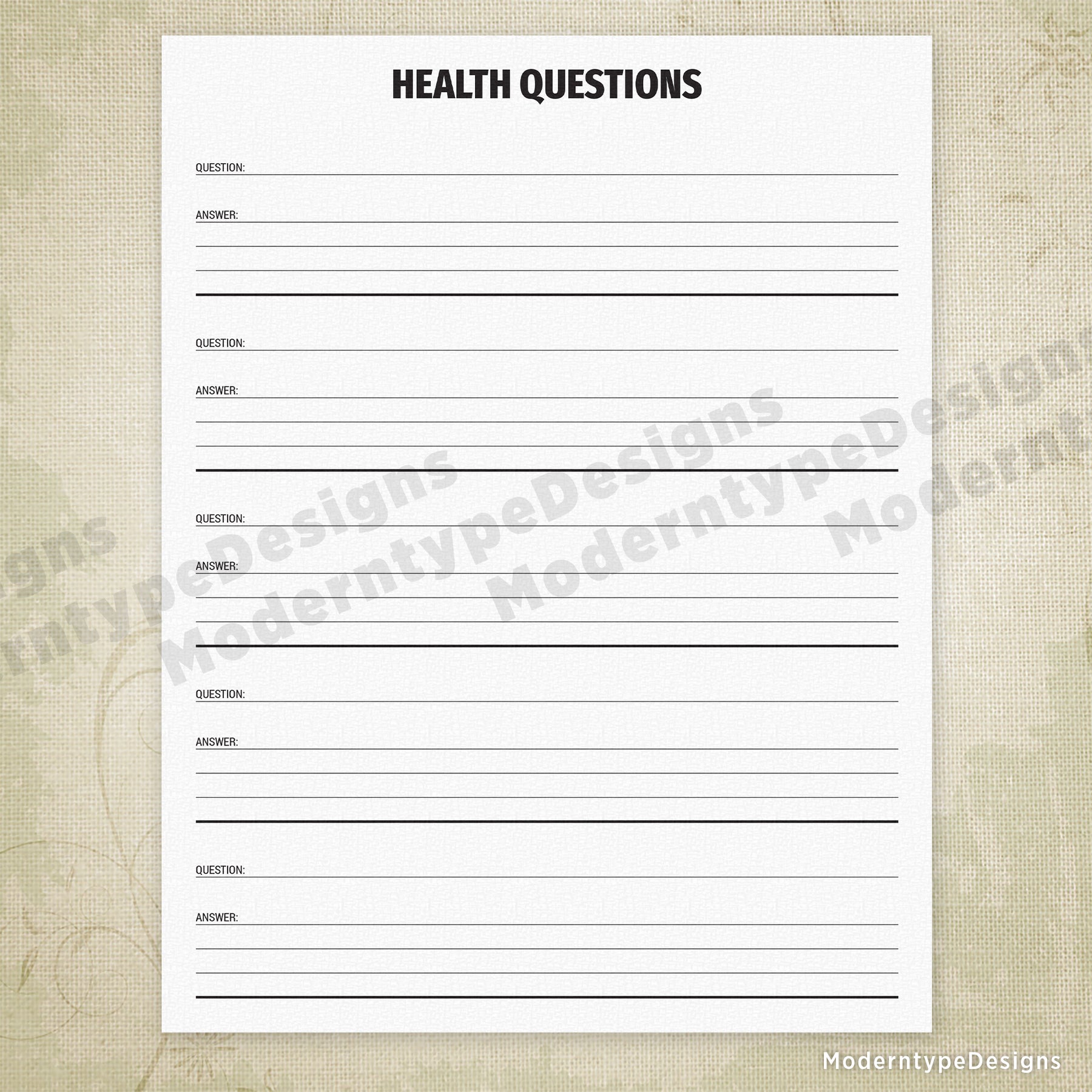 Health Questions Printable Form #2