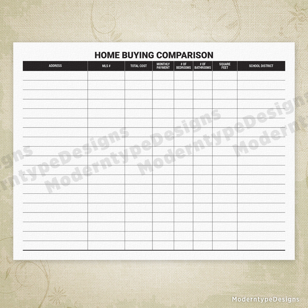 Home Buying Comparison Chart Printable