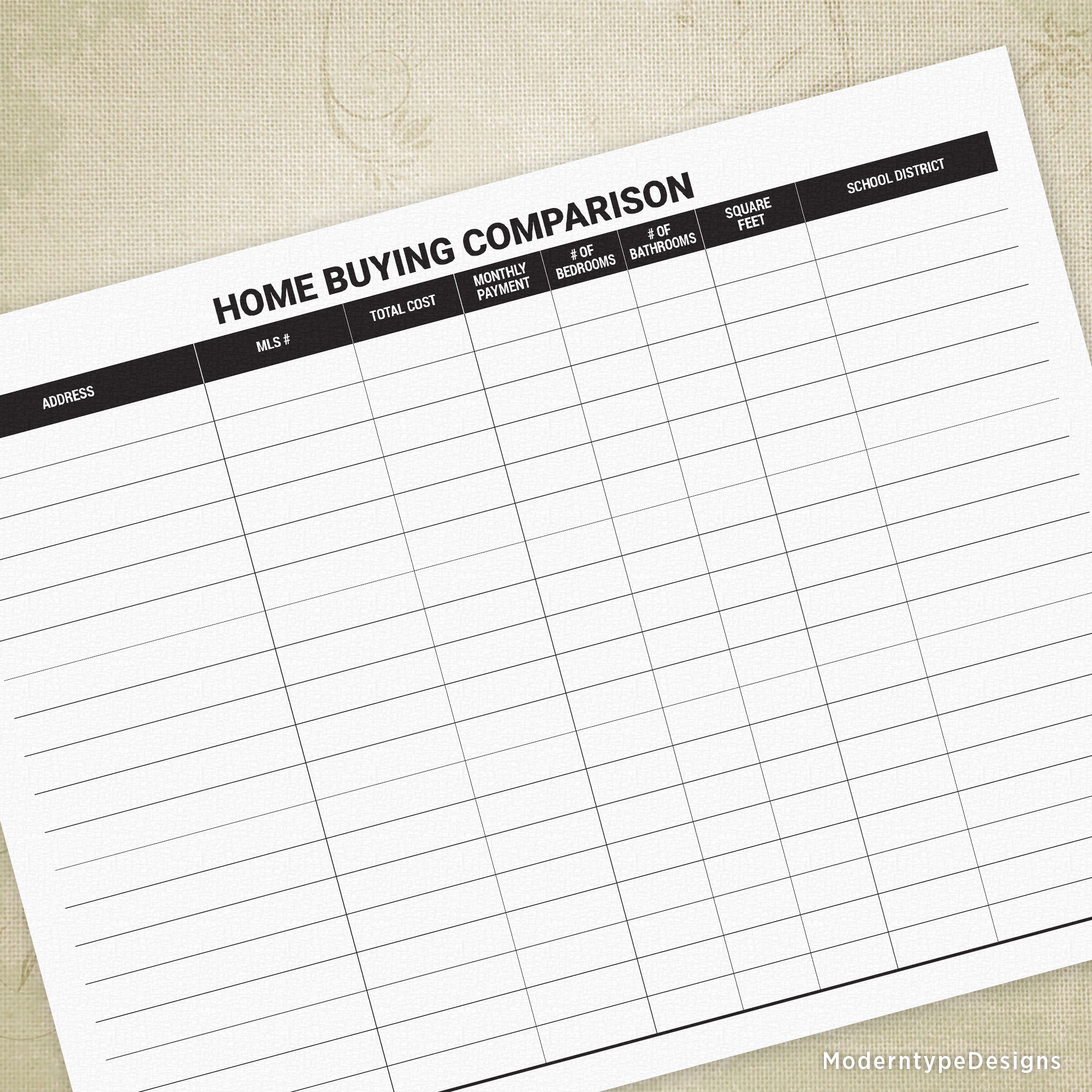 Home Buying Comparison Chart Printable