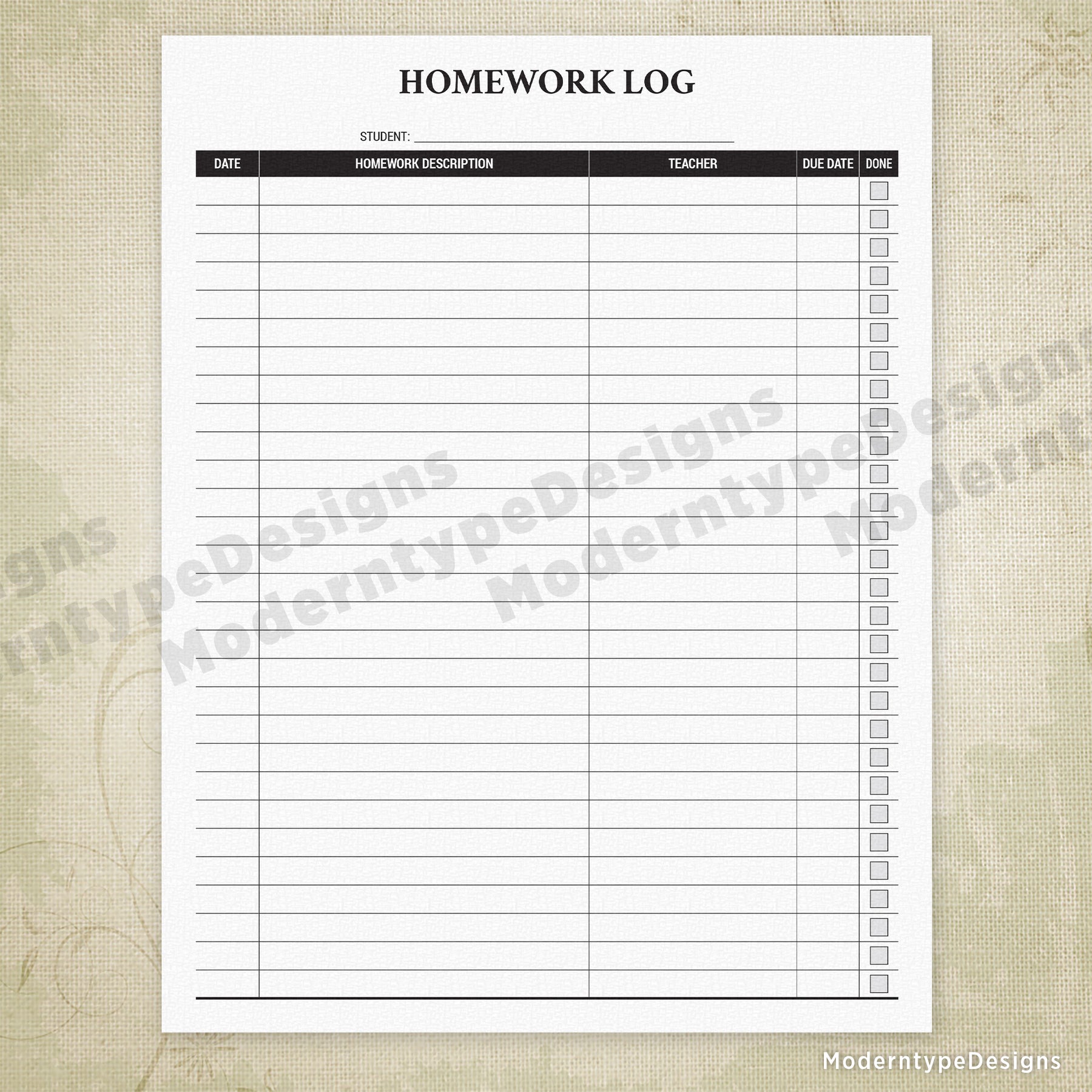Homework Log Printable #1