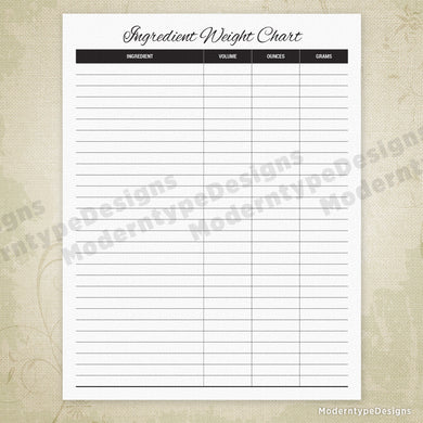 Blank Ingredient Weight Conversion Chart Printable