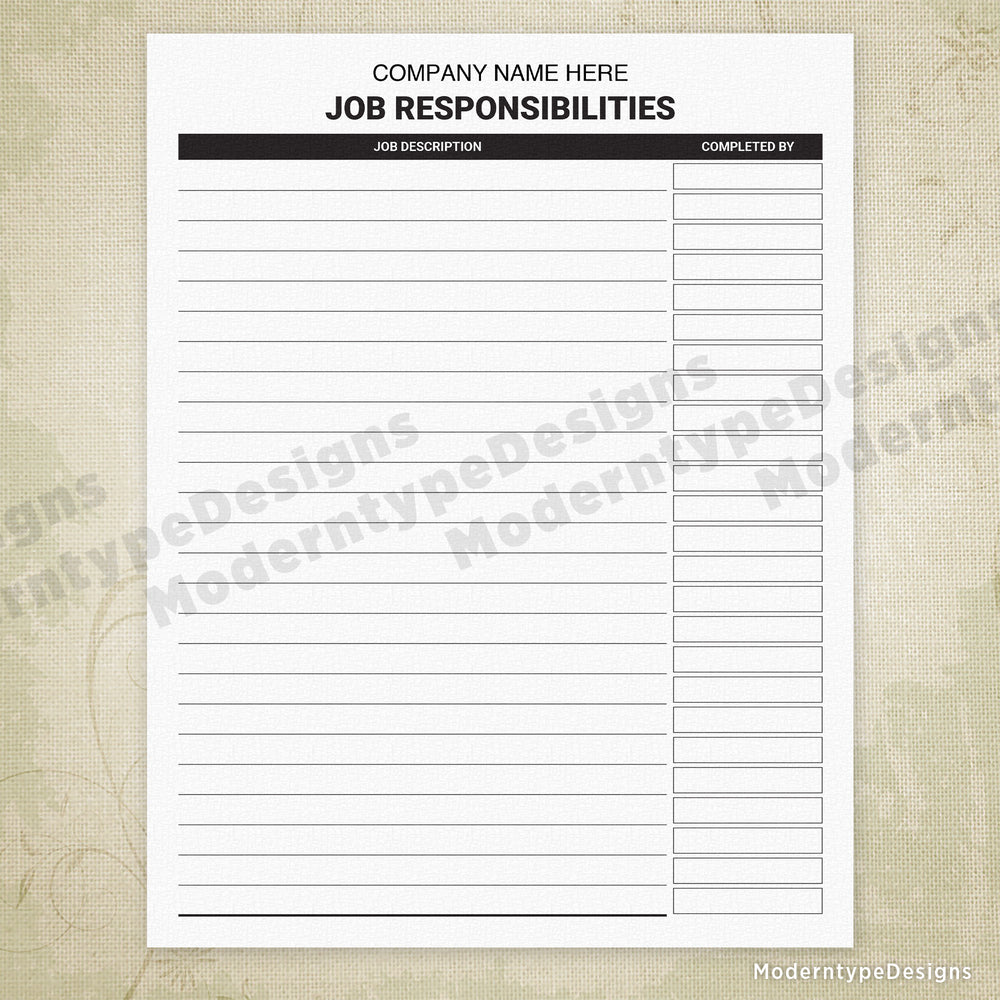 Job Responsibilities Checklist Printable, Editable