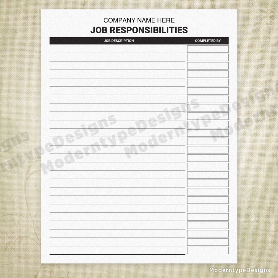 Job Responsibilities Checklist Printable, Editable