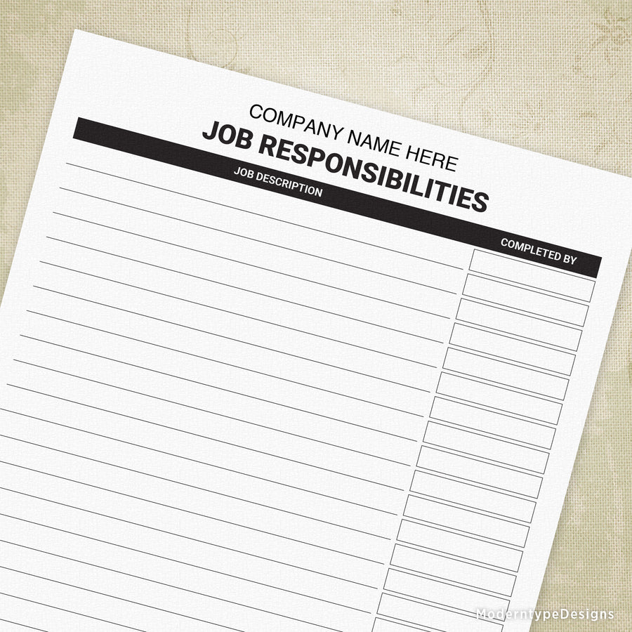 Job Responsibilities Checklist Printable, Editable