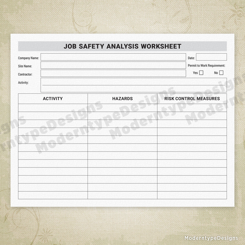 Job Safety Analysis Worksheet Printable