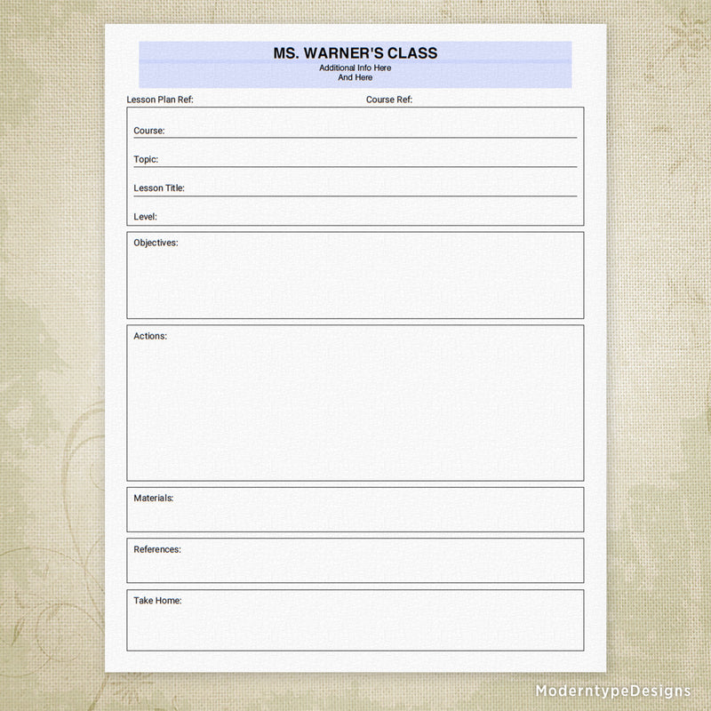 School Lesson Planner Printable, Personalized