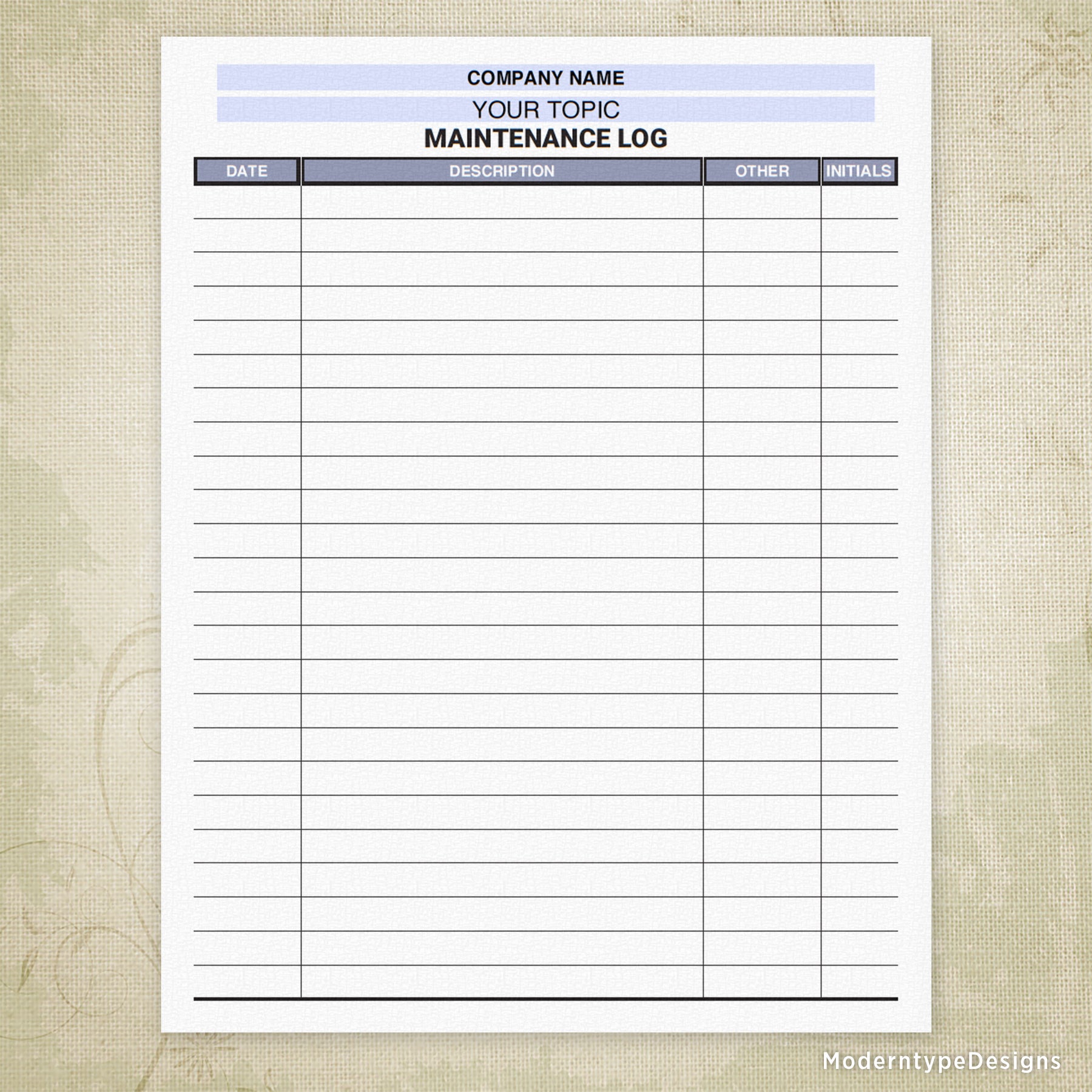 Maintenance Log for Businesses Printable, Personalized