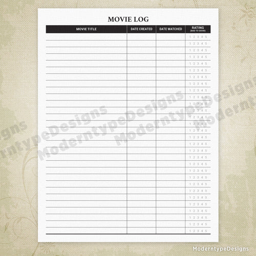 Movie Log with Rating Printable Form