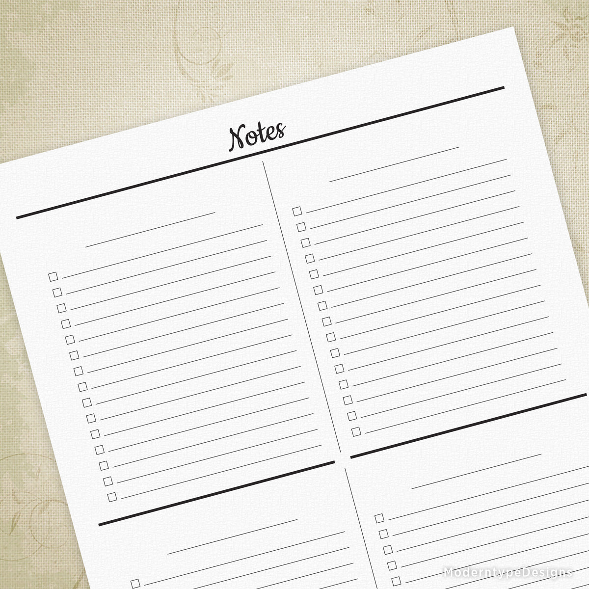 Notes Printable with 4 Sections