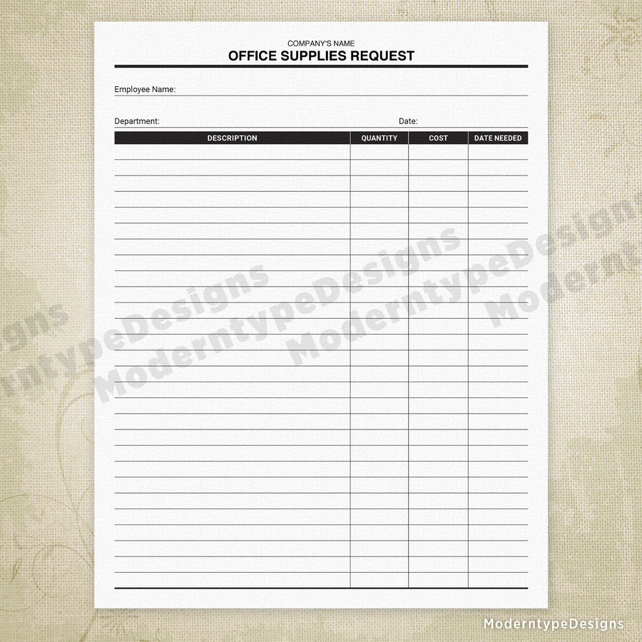 Office Supplies Request Printable Form, Personalized