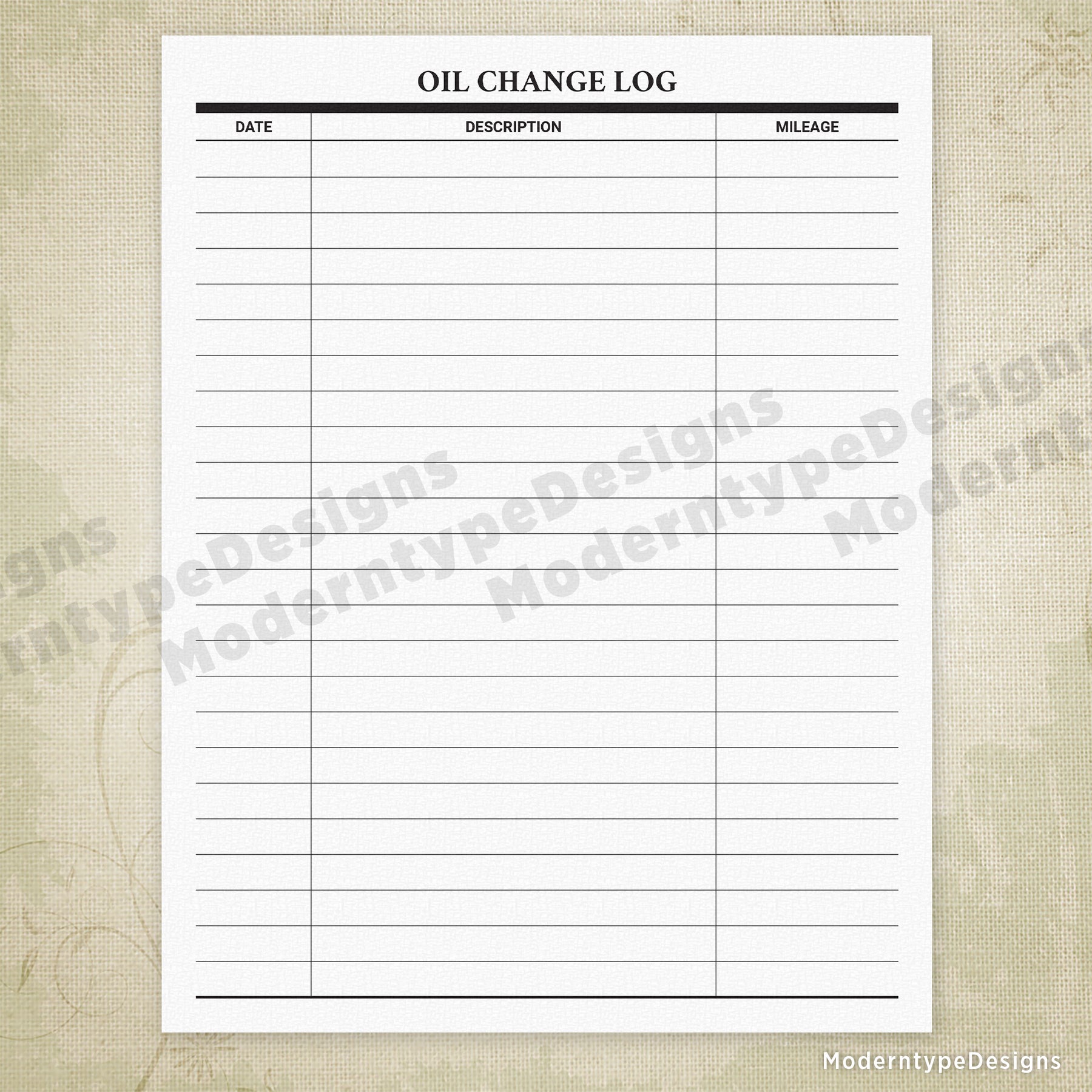 Oil Change Log Printable