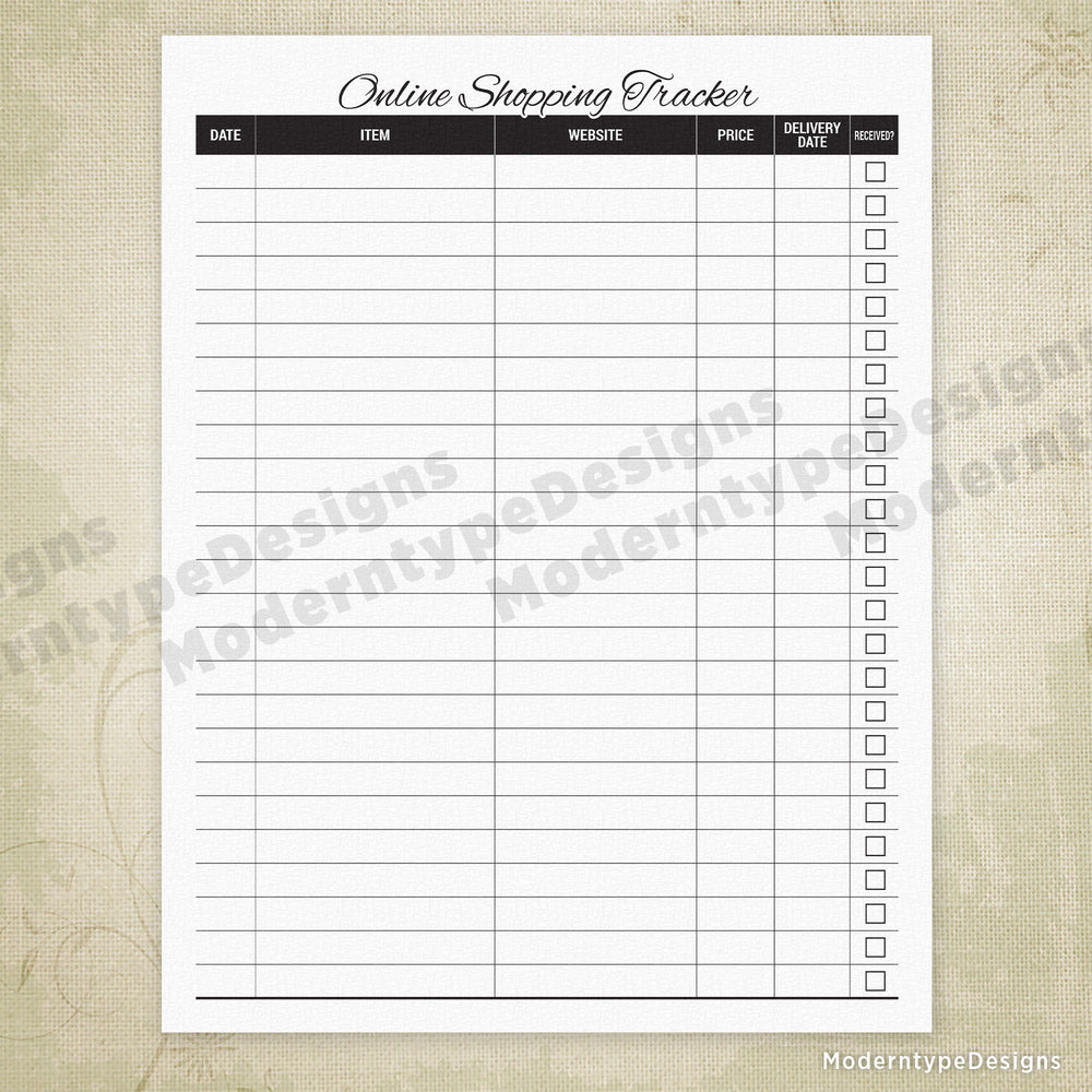Online Shopping Tracker Printable