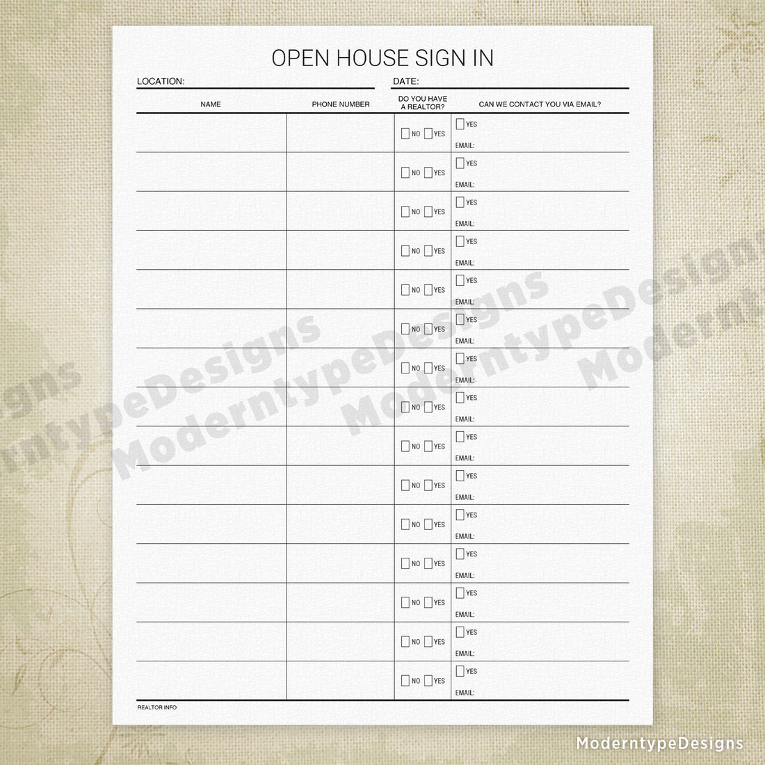 Real Estate Agent's Sign In Sheet Printable, Personalized