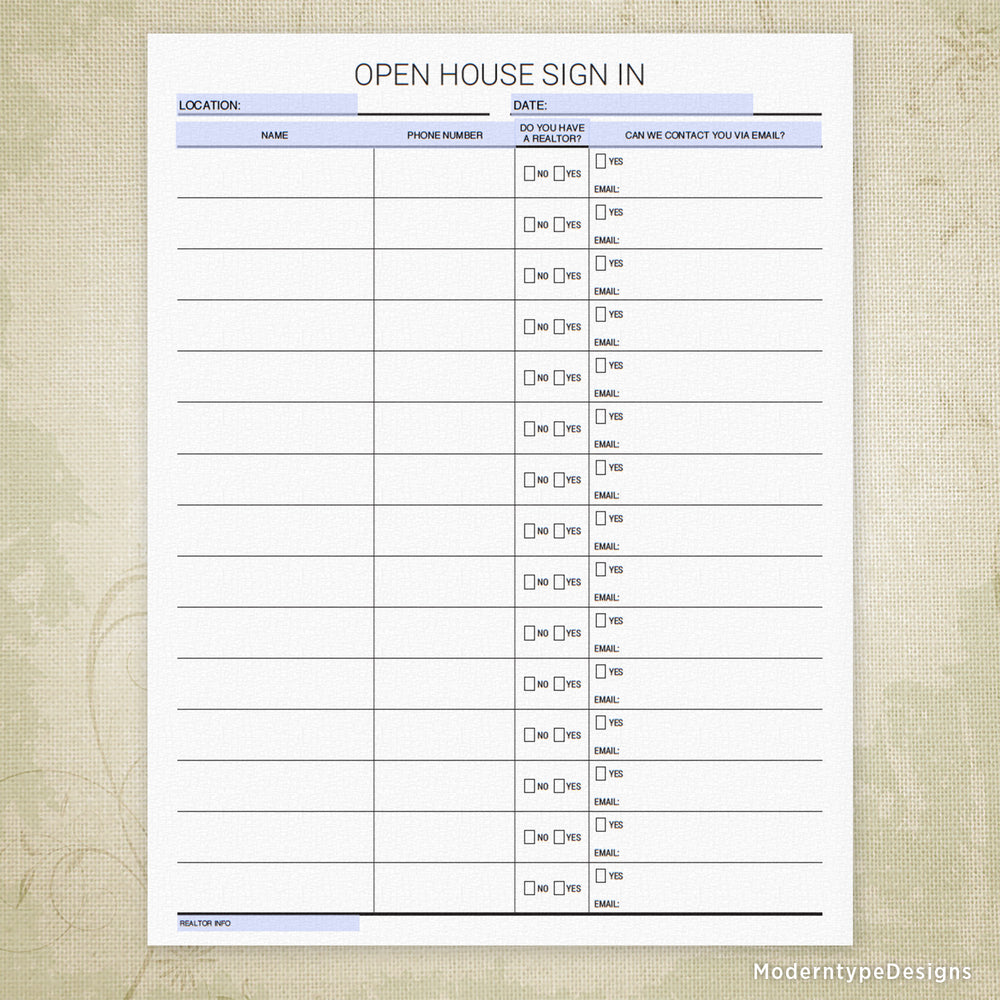 Real Estate Agent's Sign In Sheet Printable, Personalized