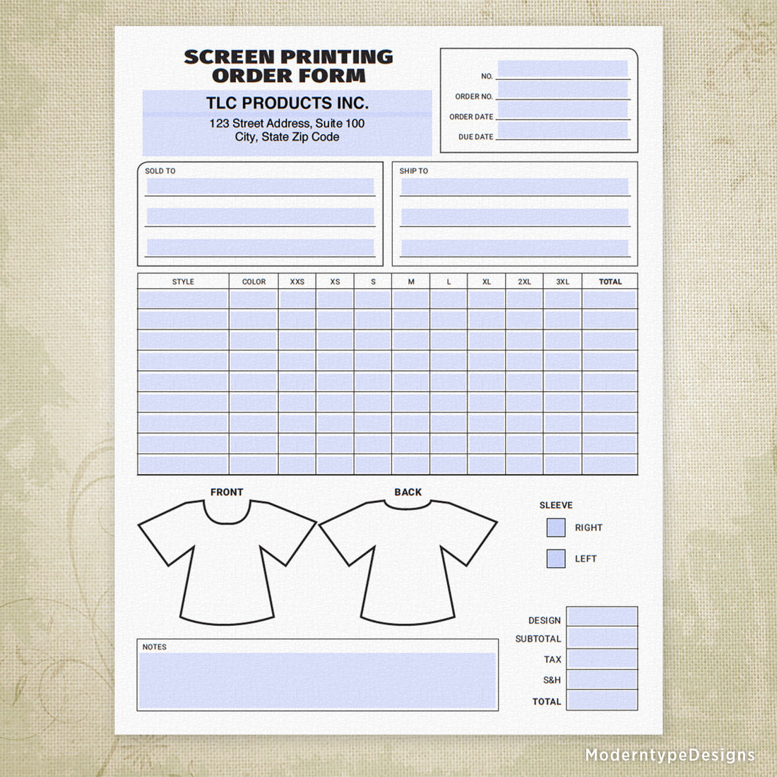 Screen Printing Order Form Printable, Editable, #2