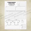 Screen Printing Order Form Printable, Personalized