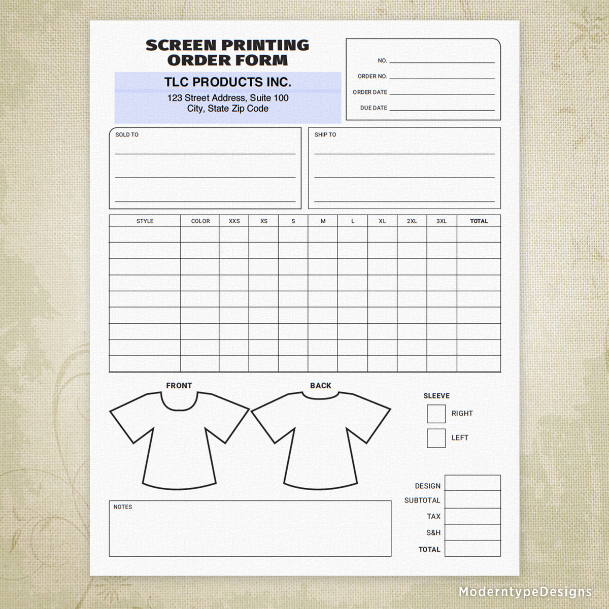 Screen Printing Order Form Printable, Personalized