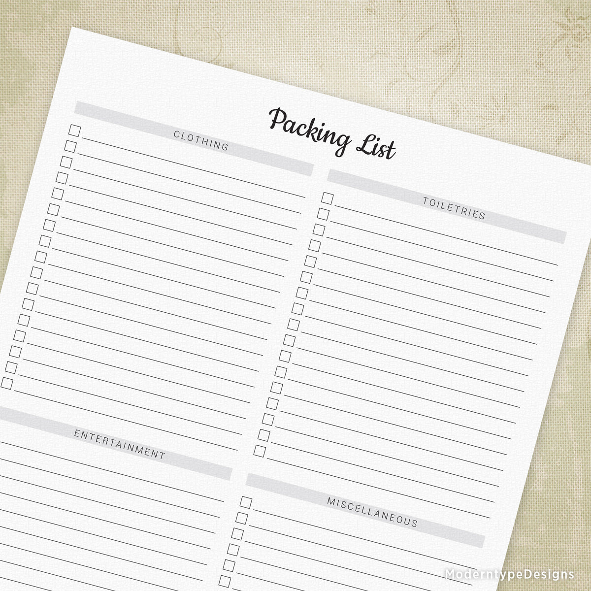 Packing List Planner Printable