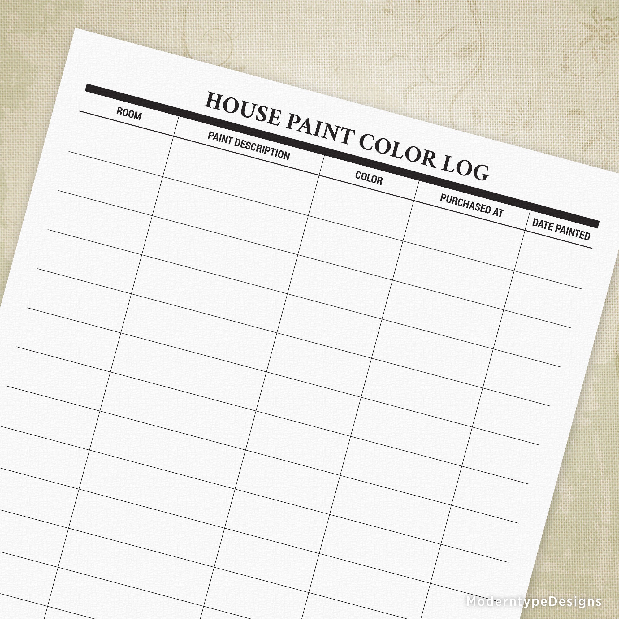 House Paint Color Log Printable