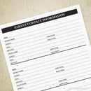 Parent Contact Information Printable