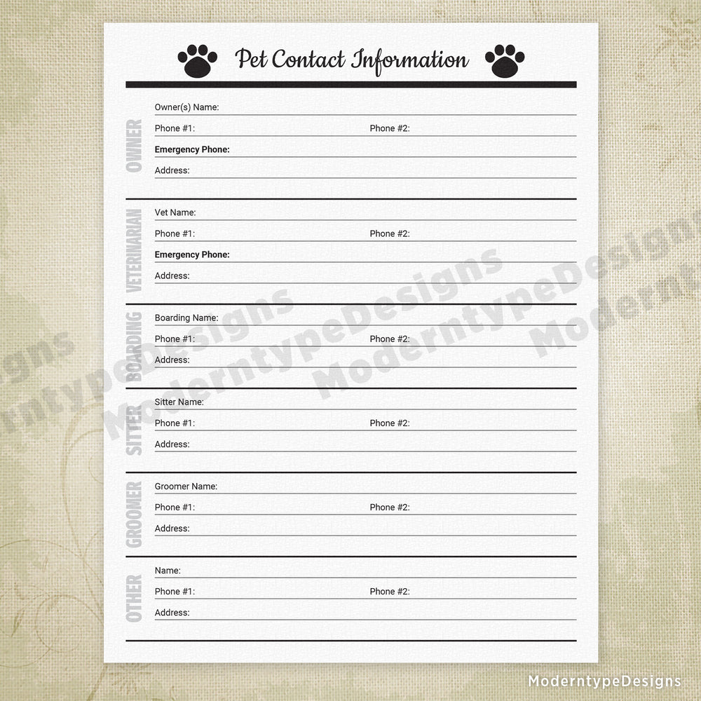 Pet Forms Printable Kit for Pet Owners