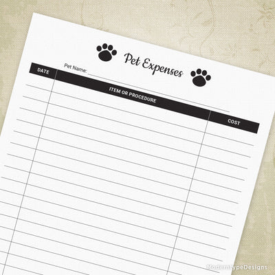 Pet Expenses Log Printable for Pet Owners