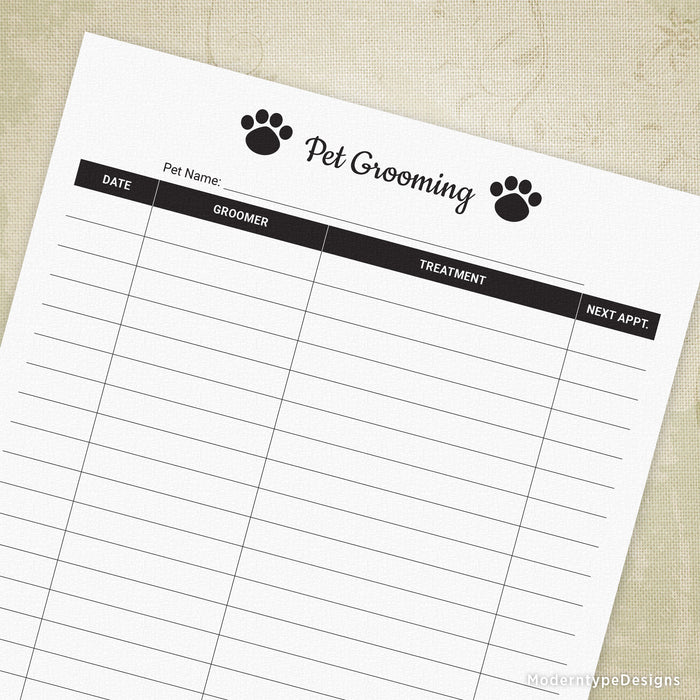 Pet Grooming Log Printable for Pet Owners