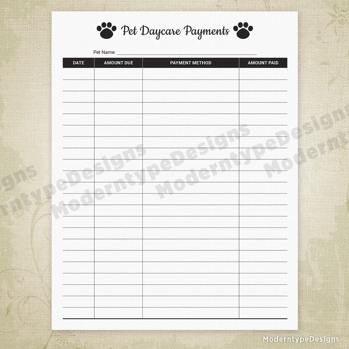Pet Daycare Payments Log Printable for Pet Owners